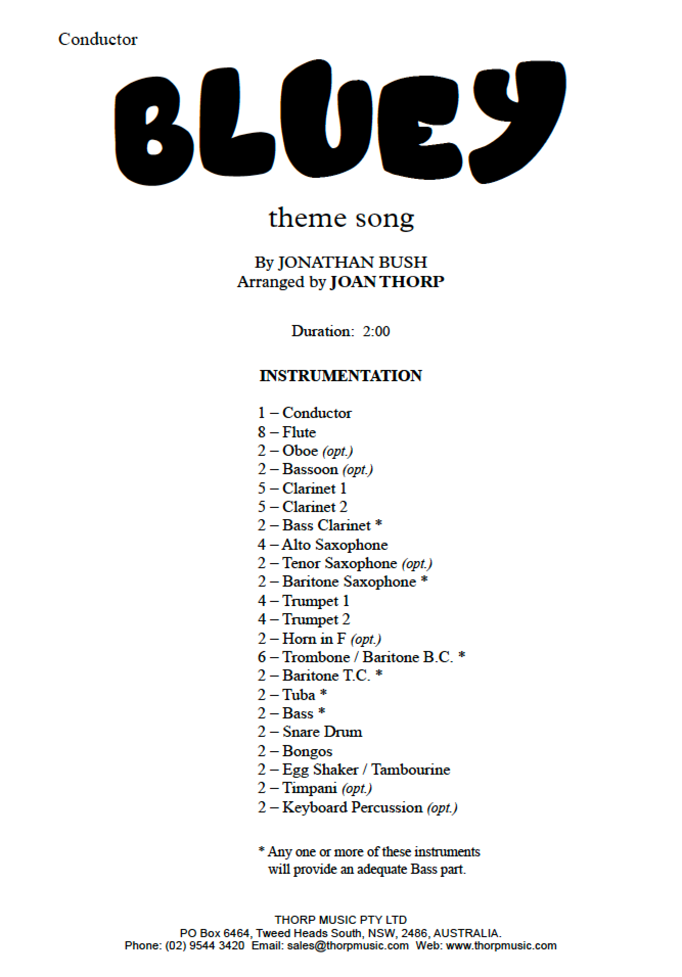 Bluey theme song for Concert Band pdf print music score and parts ...