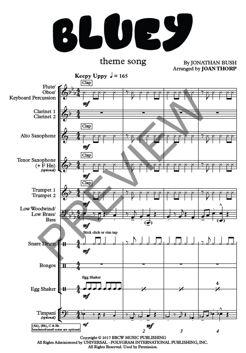 Bluey theme song for Concert Band pdf print music score and parts ...