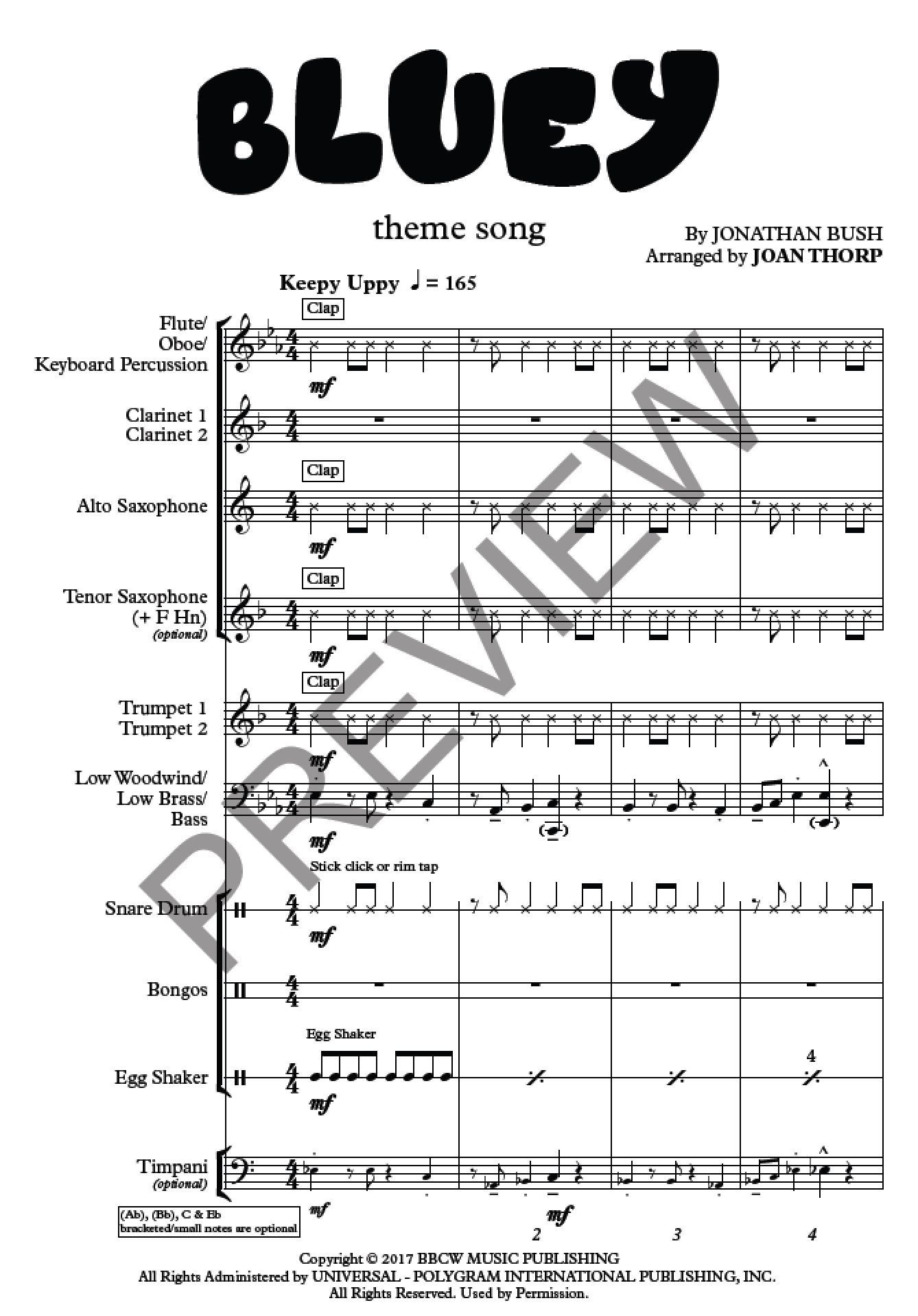 Bluey theme song for Concert Band pdf print music score and parts ...