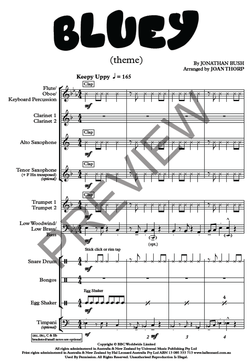 Bluey theme song for Concert Band pdf print music score and parts ...